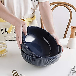 KOOV 2.4 Quarts Porcelain Big Salad Bowl Set, 9" Large Serving Bowls, Ceramic Bowls for Kitchen, Big Bowl for Eating, Striped Series Set of 2 (Aegean)