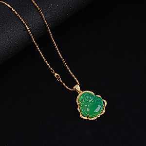 TIKCAUZ Buddha Necklace for Women Men Green Jade Laughing Buddha Pendant with18K Gold Plated Chain Lucky Buddah Necklace Jewelry Gifts for Her Him