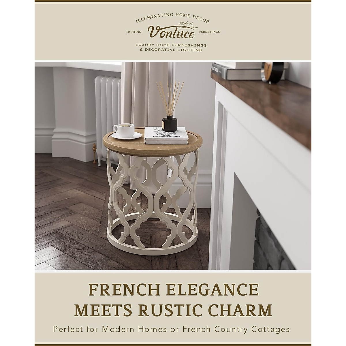 VONLUCE Farmhouse End Table,17.7'' Round French Country Side Table,Distressed Wood Tray Top Rustic Accent Table with Lipped Edge for Living Room Dining Room Bedroom,Small Space,Beige