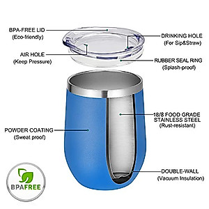 VEGOND 12oz Stainless Steel Wine Tumbler with Lid and Straw, Double Wall Vacuum Insulated Stemless Wine Glass Tumbler Cup, Coffee Mug for Cold Hot Drinks
