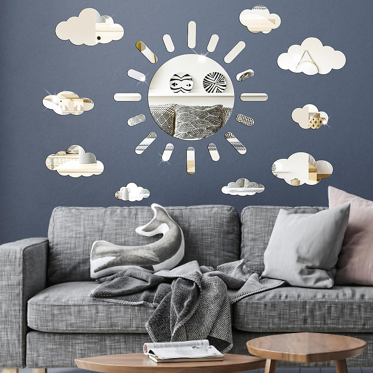 Sun and Cloud Mirror Stickers Decals 3D Acrylic Mirror Wall Stickers Self Adhesive Decorative Silver Removable Peel and Stick for Kids Baby Bedroom Bathroom Playroom Nursery Ceiling Wall Decor