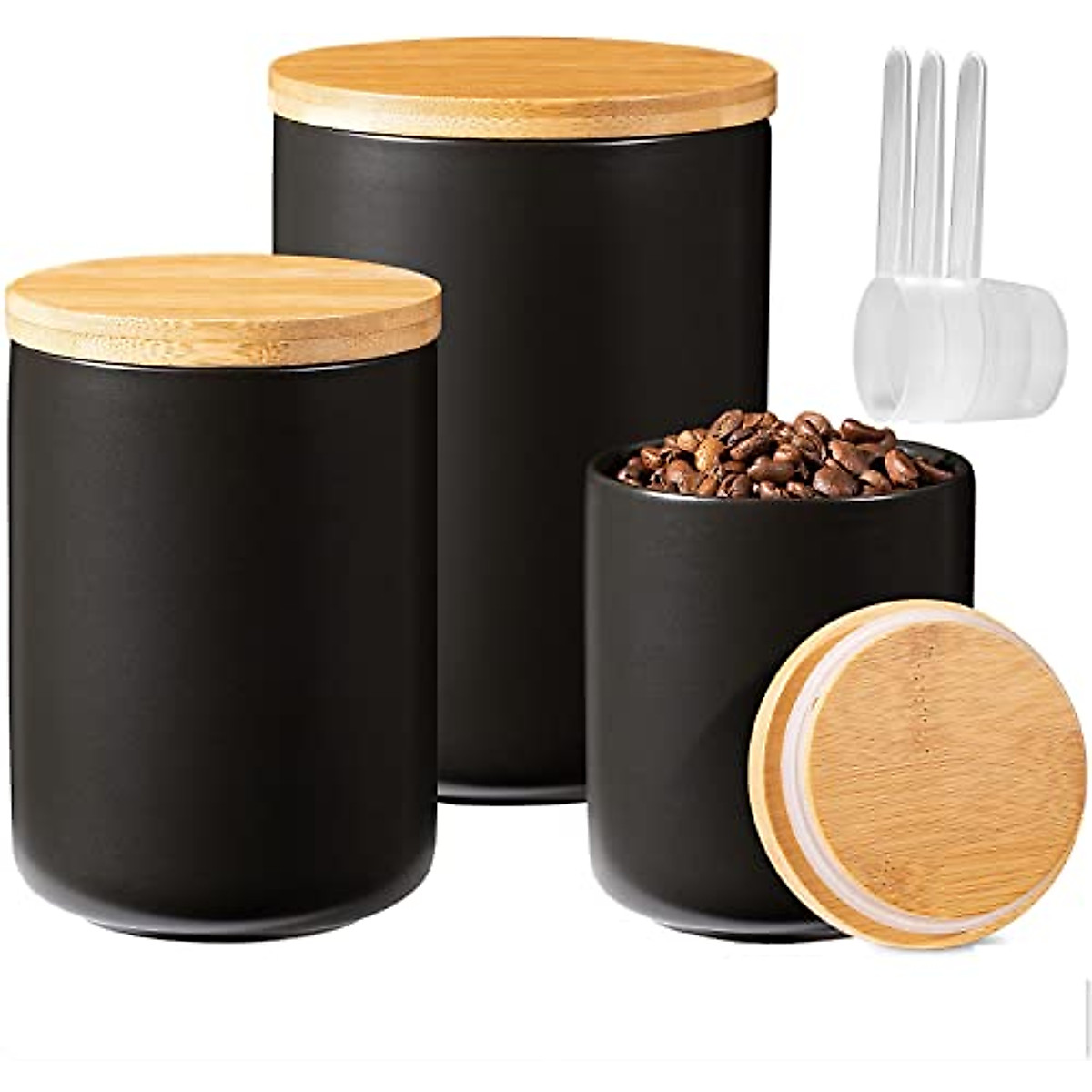 Kitchen Canisters with Bamboo Lids-Set of 3 Food Storage Jar 84/32/15 OZ Airtight Seal Ceramic Containers with Measuring Spoons and Stickers Kitchen Canisters for Coffee/Sugar/Tea/ Farmhouse (black)