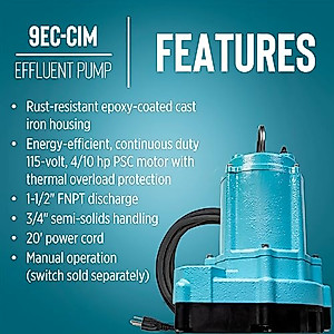 Little Giant 9EC-CIM 115-Volt, 4/10 HP, 4200 GPH Manual Cast Iron Sump/Effluent Pump with 20-Ft. Cord, Blue, 509805