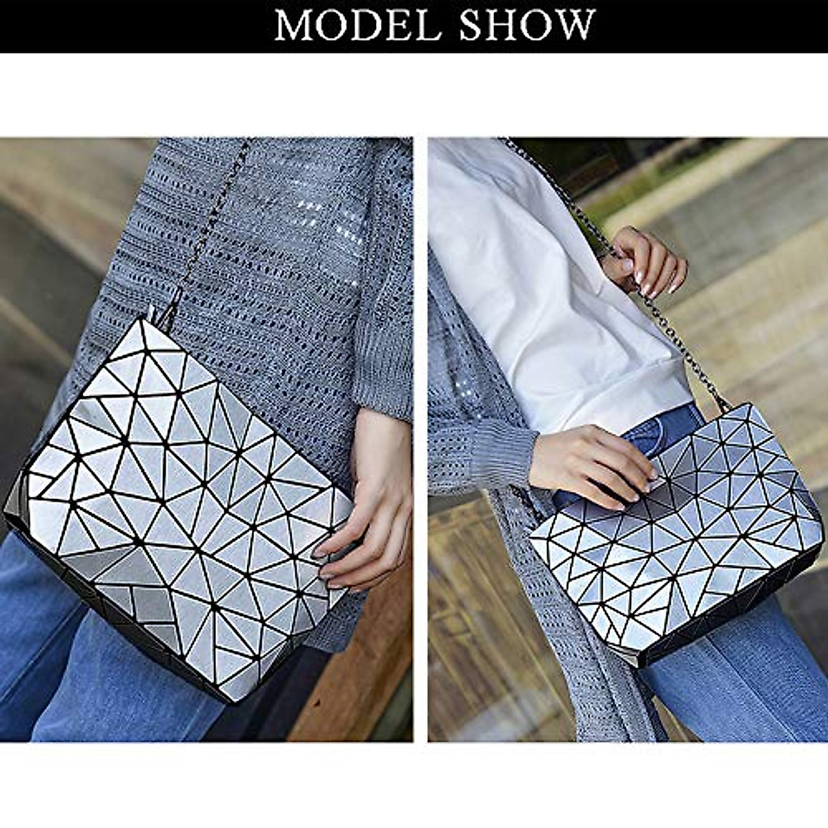 Danse Jupe Womens Geometric Purse Holographic Chain Crossbody Bag Clutch Purse Silver
