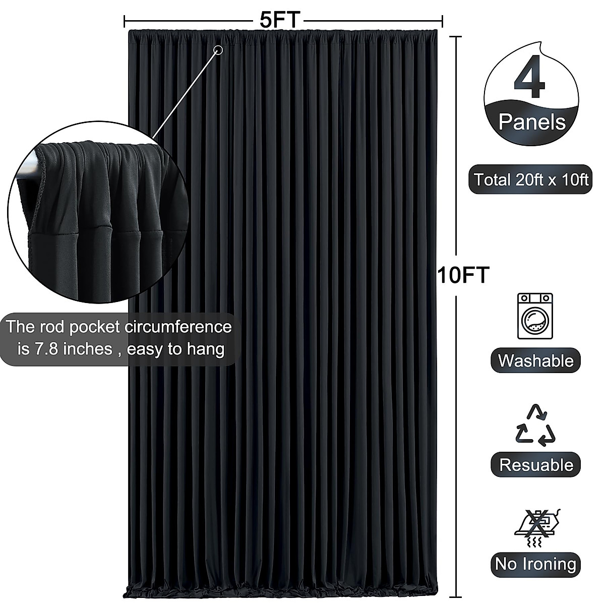 4 Panels Black Backdrop Curtain for Parties Wrinkle Free Black Photo Curtains Backdrop Drapes Fabric Decoration for Birthday Party Wedding 20ft(W) x 10ft(H)