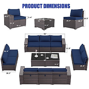 ALAULM 12 Pieces Outdoor Patio Furniture Set Sectional Sofa Sets Brown PE Rattan Patio Conversation Set w/10 Dark Blue Seat Cushions and 2 Coffee Tables