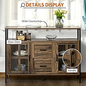 HOMCOM Industrial Sideboard Buffet Cabinet, Coffee Bar Cabinet with Adjustable Shelves, Glass Doors, and 2 Drawers for Kitchen, Living Room, Brown