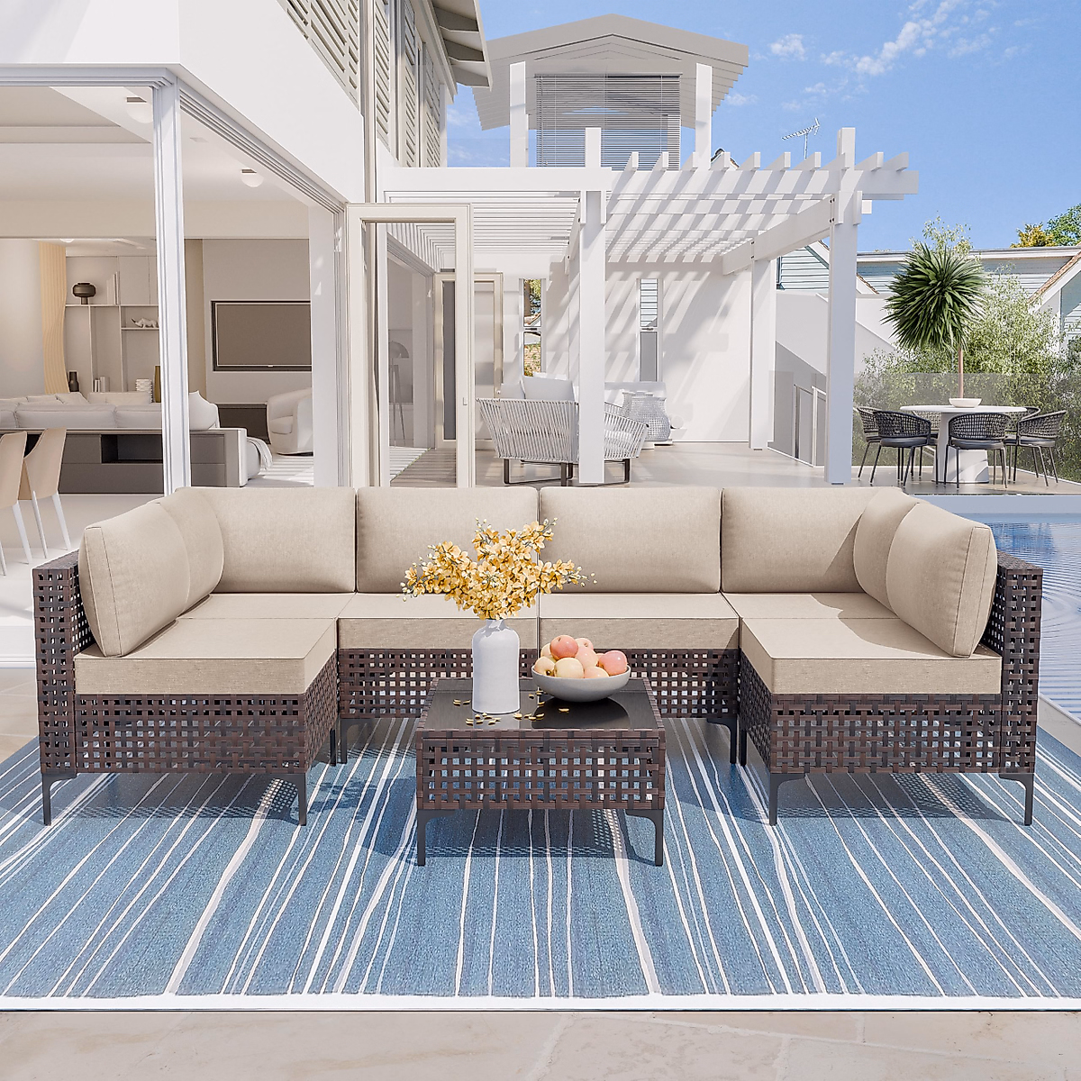 Trumbeak 7 Pieces Patio Fuiniture Set Wicker Outdoor Sectional Sofa,All Weather Brown PE Rattan Outdoor Conversation Set w/Thick Cushions and Glass Coffee Table,Sand