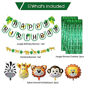 NAIWOXI Safari Birthday Decorations 90PcsSet Jungle Theme Party Supplies Set Including Animal Foil Balloons, Foil Curtains, Cake Toppers, Banner, Jungle Balloon Garland Kit, Safari Baby Shower