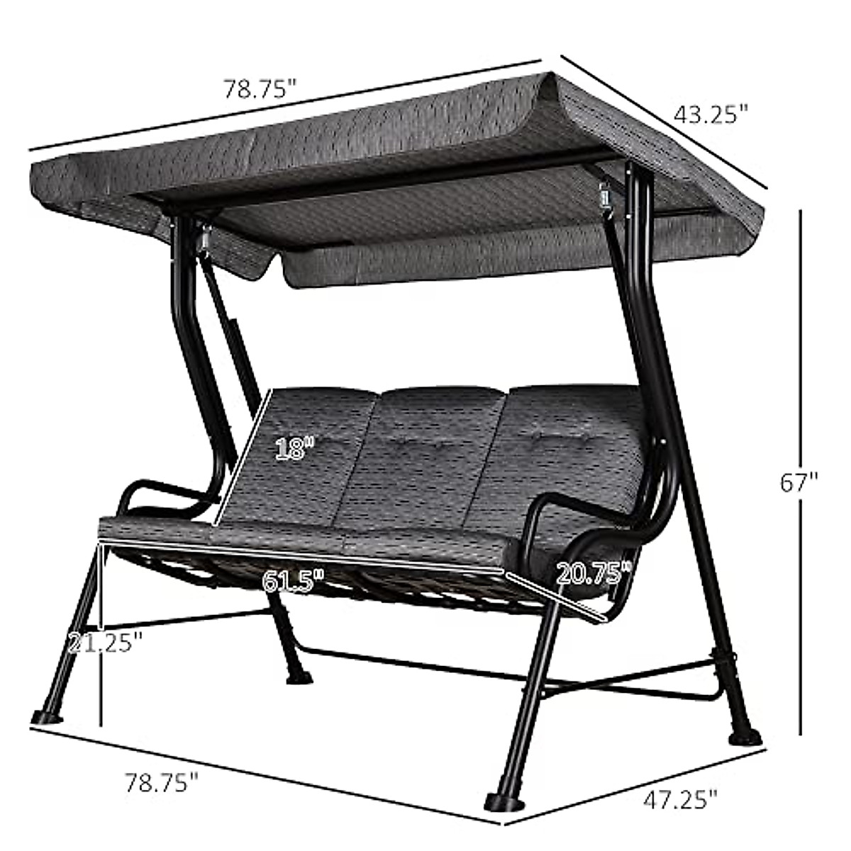 Outsunny 3-Seat Patio Swing Chair, Outdoor Swing Glider with Adjustable Canopy, Removable Thicken Cushion, and Weather Resistant Steel Frame, for Garden, Poolside, Backyard, Black
