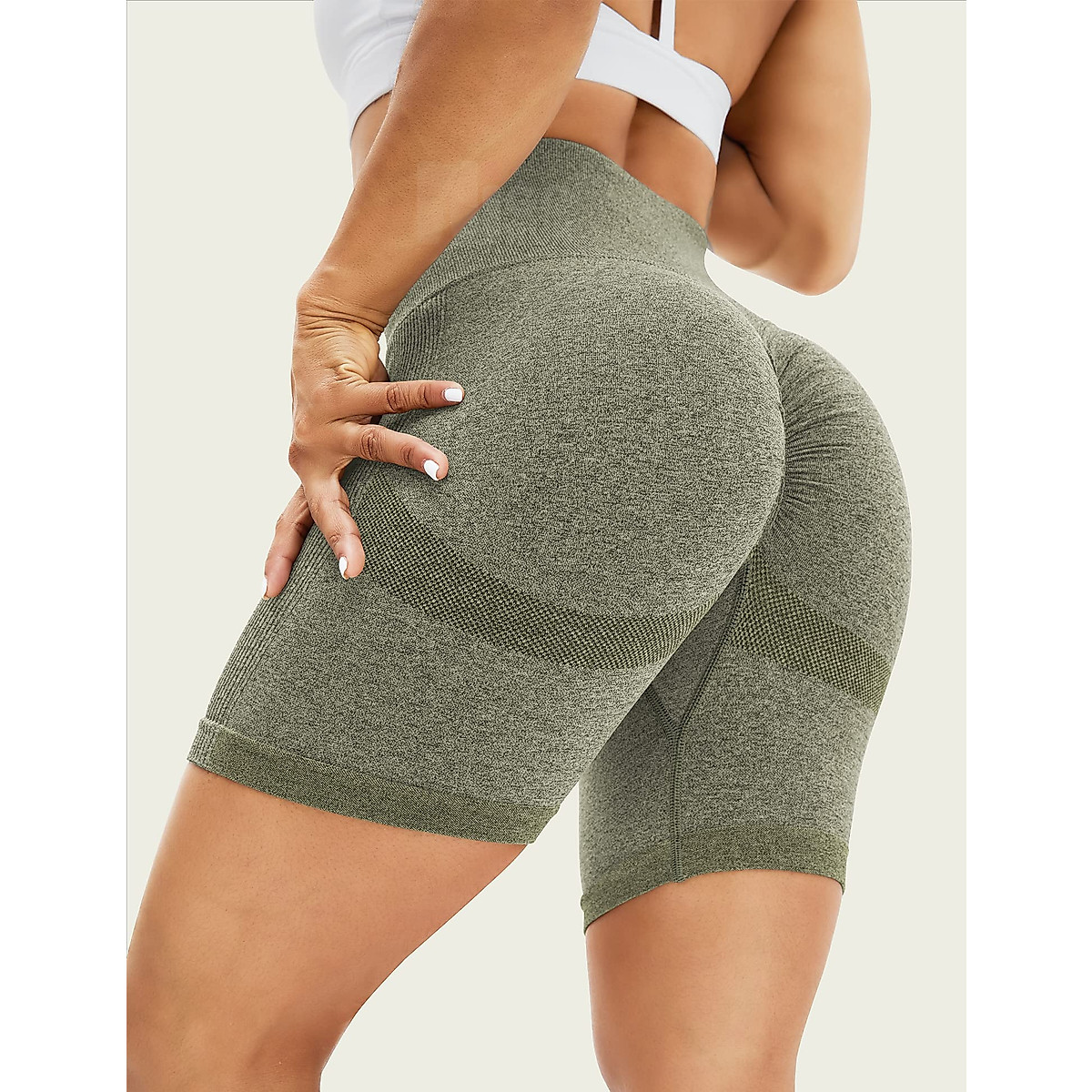 HIGORUN Women's Seamless Workout Shorts Gym Yoga High Waist Scrunch Butt Lift Cycling Shorts Khaki S