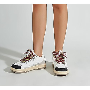 LUCKY STEP Women's Fashion Classic Leopard Leather Suede Sneakers Platform Casual Walking Tennis Club Flat Double Lace up Shoe(White,9B(M) US)