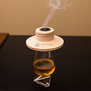 SNIFF & SIP Cocktail Smoker Kit for Drinks, Handcrafted Old Fashioned Drink Infuser - Glass Topper Chimney w/ Apple, Oak and Cherry Wood Shavings to Infuse Cocktails Whiskey Wooden CSK001