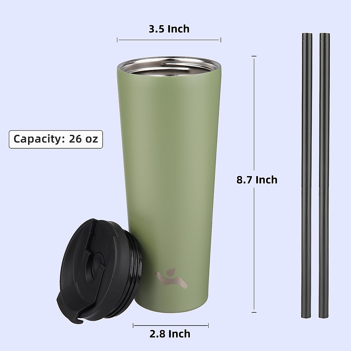 Konokyo 26 OZ Insulated Tumbler with Lid and 2 Straws Stainless Steel Water Bottle Vacuum Travel Mug Coffee Cup,ArmyGreen