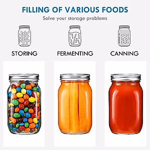 YEBODA 4 Pack Wide Mouth Mason Jars 32oz Glass Canning Jars with Airtight Lids and Bands for Preserving, Jam, Honey, Jelly, Wedding Favors, Sauces, Meal Prep, Overnight Oats, Salad, Yogurt