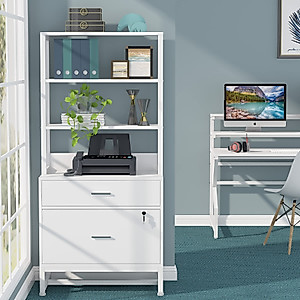 Tribesigns 2 Drawer Lateral File Cabinet with Lock, Letter Size Large Modern Filing Cabinet Printer Stand with Open Storage Shelves for Home Office, White