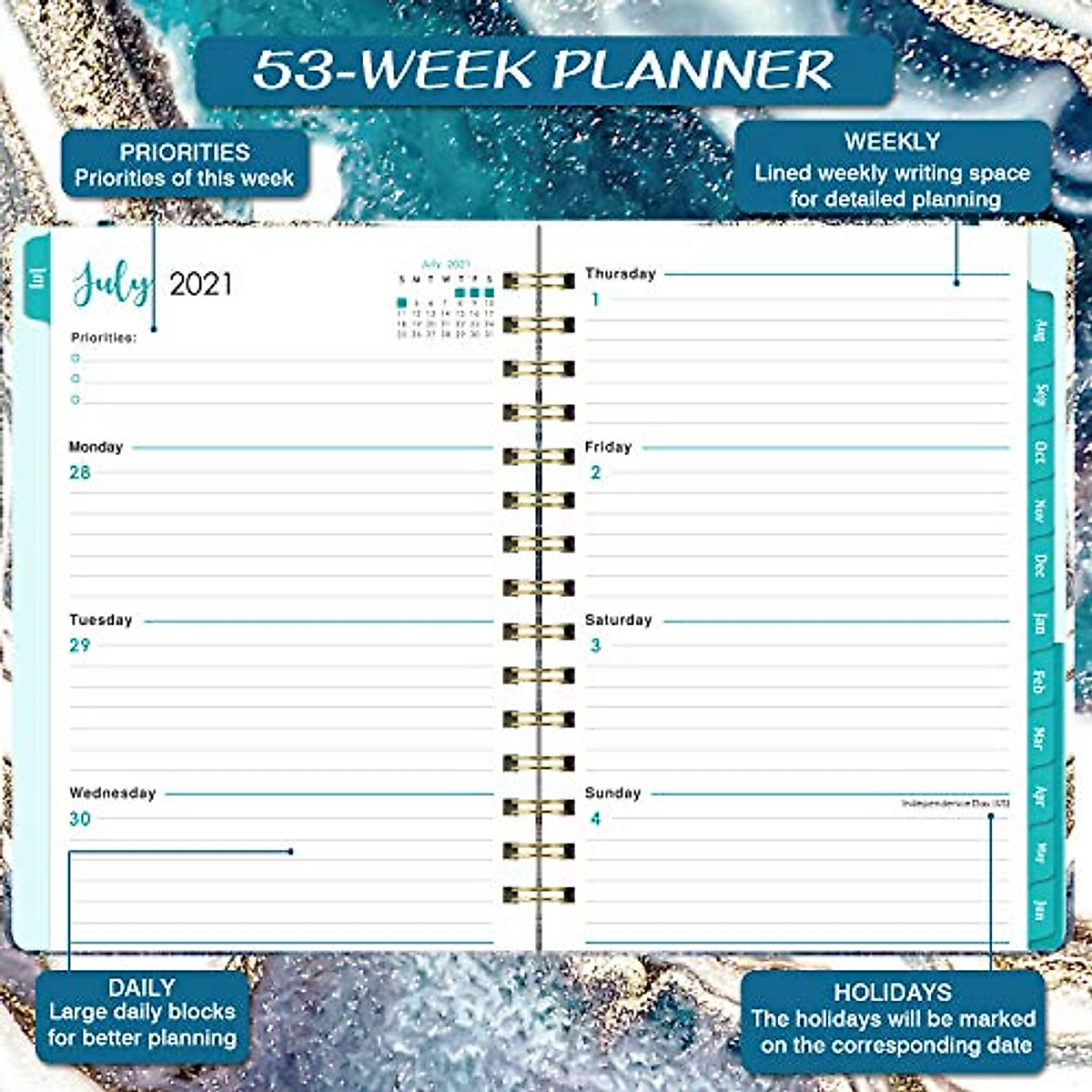2021-2022 Planner - Academic Planner 2021-2022 from July 2021 - June 2022, 6.4"x 8.5", Flexible Cover Planner with Elastic Closure, Coated Tabs, Inner Pocket