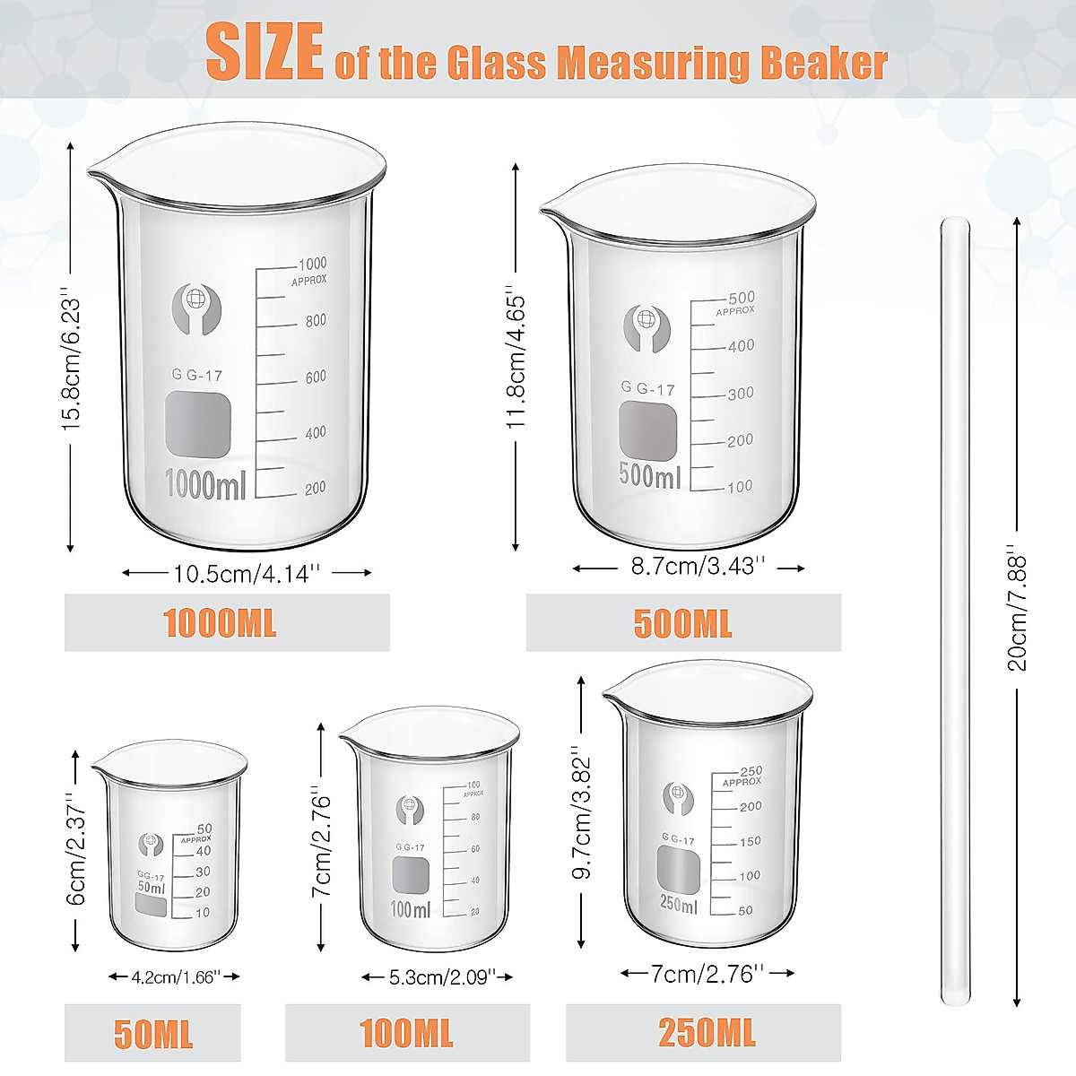 Feekoon 10 Pieces Glass Measuring Beaker and Graduated Measuring Cylinder with Stirring Rod 50/100/ 250/500/ 1000 ml Thick Glass Beakers and 5/10/ 50/100 ml Graduated Cylinders for Science Lab