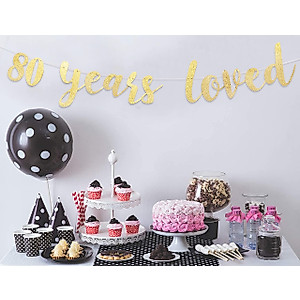 Gold Glitter 80 Years Loved Banner - Happy 80th Birthday Banner，80th Birthday Party Photo Decoration Props，suitable for Background Banners on 80-year-old Male and Female Birthday Party，80th Wedding Anniversary Banner