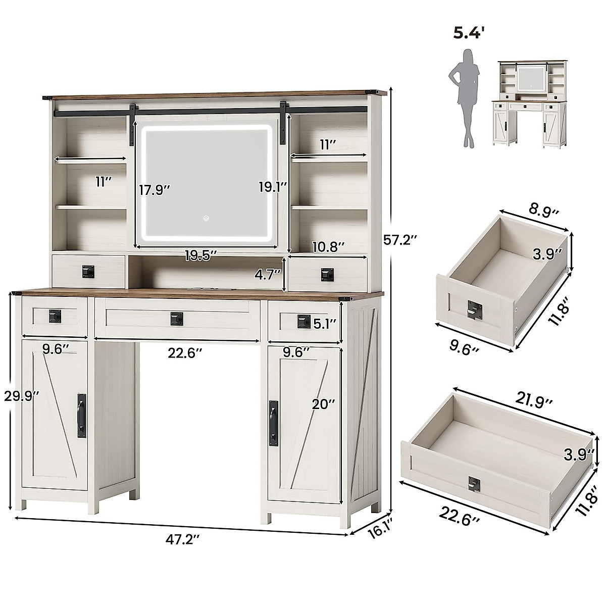 Farmhouse Makeup Vanity Desk with Sliding Mirror and Lights, 47.2" Big Vanity Table with Charging Station, Makeup Desk with 5 Drawers & 2 Cabinets, White