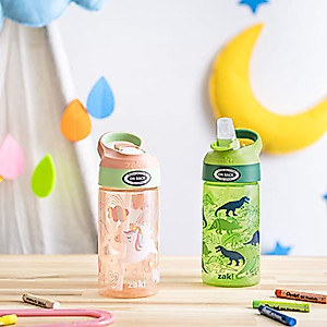 Zak Designs 16oz Riverside Kids Water Bottle with Spout Cover and Built-in Carrying Loop, Made of Durable Plastic, Leak-Proof Water Bottle Design for Travel (Unicorn & Dino Camo, Pack of 2)