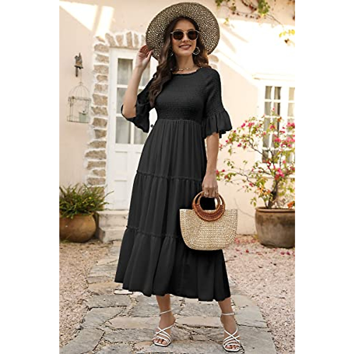 LILLUSORY Women's Black Funeral Dress 2023 Summer Trendy Casual Smocked Long Ruffle Tiered Flowy Midi Maxi Boho Dresses with Sleeves Black
