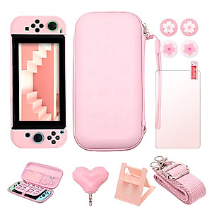 Switch Pink Accessories, Switch Pink Carrying Case, Switch Pink Protective Case, Cute Thumb Grips, Headphone Adapter, Desktop Stand, Screen Protector, Wrist Strap and Shoulder Strap