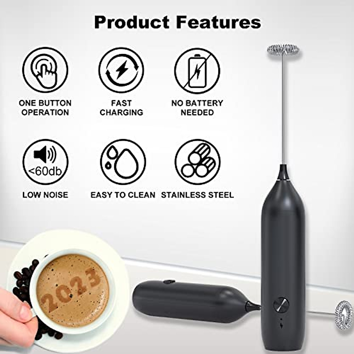 Rechargeable Milk Frother Handheld Electric Whisk Beater Foam Maker, Durable Mini Drink Mixer and Coffee Blender Frother for Coffee, Latte, Cappuccino, Frappe, Matcha, Hot Chocolate, Egg (Black)