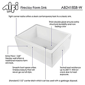 ALFI brand AB2418SB-W Smooth Thick Wall Fireclay Single Bowl Farm Sink, 24", White