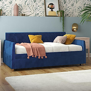 Mr. Kate Daphne Upholstered Daybed with Roll Out Trundle, No Box Spring Needed, Twin/Twin Size, Blue Velvet