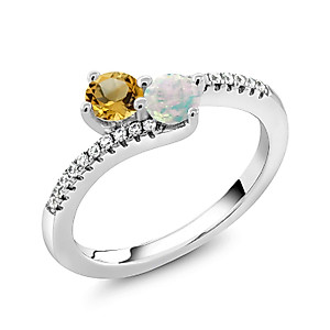 Gem Stone King 925 Sterling Silver Yellow Citrine and White Opal Bypass Ring For Women (0.75 Cttw, Gemstone November Birthstone, Round 4MM, Available In Size 5, 6, 7, 8, 9)