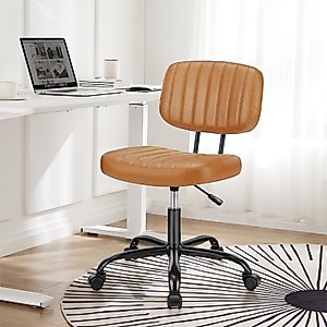 DUMOS Armless Home Office Chair Ergonomic Desk with Comfy Low Back Lumbar Support, Height Adjustable PU Leather Computer Task with 360° Swivel Wheels, for Small Space, Kids and Adults, Brown