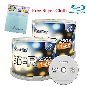 Smartbuy 100-disc 25GB 6X BD-R Blu-Ray Logo Top Blank Media Record Disc + Free Micro Fiber Cloth