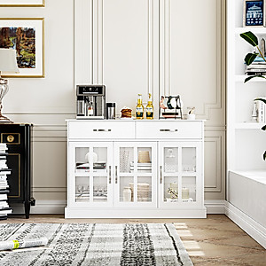 FOTOSOK Sideboard Buffet Cabinet with Glass Doors, Buffet Sideboard Kitchen Sideboard Cabinet Buffet Table with 2 Storage Drawers & Shelves for Dining Living Room, White