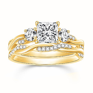 Princess Cut Wedding Ring Sets for Women Bridal Sets Engagement Ring Set, 1-1/2 Carat(ctw) Moissanite Twisting Infinity Pave Set 925 Sterling Silver 10K 14K 18K Gold Free Engraving (Style 5)