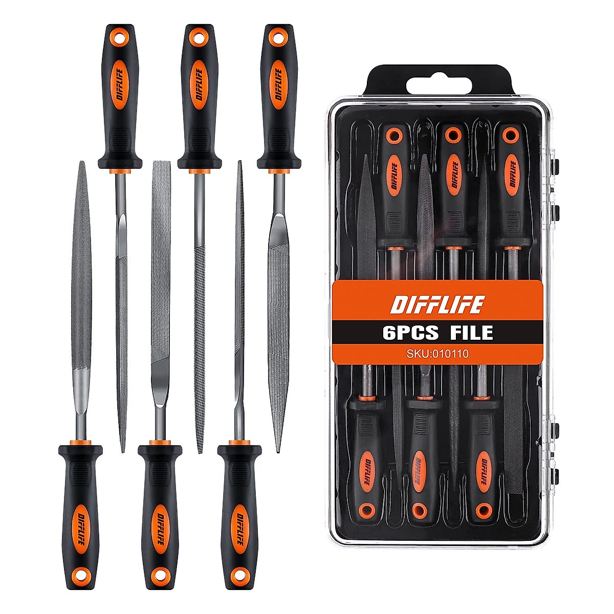 DIFFLIFE 7'' Needle File Set (Carbon Steel 6 Piece-Set) File Handles, Hardened Alloy Strength Steel - Set Includes Flat, Flat Warding, Square, Triangular, Round, and Half-Round File (6-Piece)