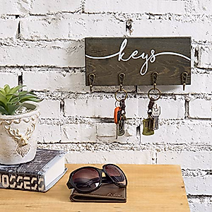 MyGift Keys Design Wall Mounted Rustic Gray Wood Entryway Key Storage Rack with 4 Metal Hanging Hooks