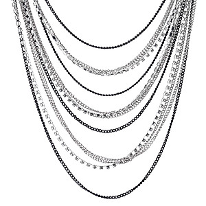 COOLSTEELANDBEYOND Black Silver Waterfall Multi-Strand Long Layered Chains Statement Collar Necklace with Rhinestones