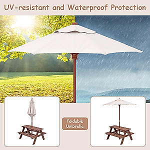 Olakids Kids Picnic Table, Outdoor Toddler Wooden Table and Chair Set with Removable Umbrella, Children Activity Furniture Bench Set for Patio Garden Backyard