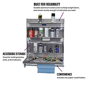 Speedway Motors Standard Aluminum Trailer Storage Cabinet, Features Fold-Down Work Table, Two Paper Towel Holders and Storage, For Enclosed Race Trailer or Garage Storage