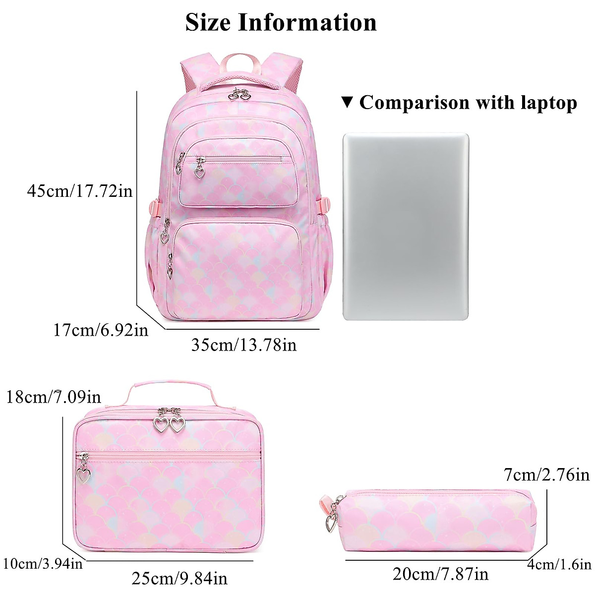 Armbq Mermaid Backpack for Girls 3Pcs Kids Backpack Cute School Bags Set With Lunch Box Fish Scale Teen Water Resistant Bookbag Durable Travel Bag