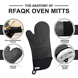 RFAQK Oven Mitts and Pot Holders Sets- Extra Long Silicone Oven Mitts, Oven Mitts Heat Resistant with Quilted Soft Liner and Mini Oven Mittens Sets for Kitchen, Baking, Grill and BBQ (Black)