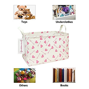 QUEENLALA Rectangular Laundry Hamper/Foldable Nursery Laundry Basket for Organizing/Storage Bin Baskets/Children Toy Office Bedroom/Toy Bin Closet Shelf Baskets（Rec-Pink-Heart Arrow）