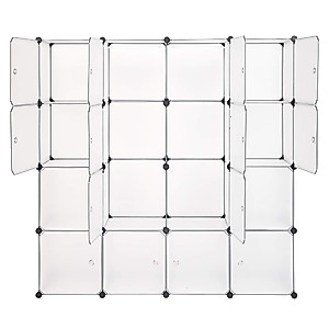 VINGLI Cube Storage Organizer, 16-Cube Plastic Closet Cabinet, DIY Plastic Modular Book Shelf Unit, Cube Shelves with Doors and 2 Hanging Rods - Translucent White