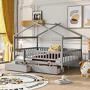 HUMEHA Full Size Bed Frame for Kids, Wood House Bed with 2 Drawers, Montessori Platform Bed with Roof and Fence for Boys Girls, Gray, 79.5''L x 57''W x 62.9''H