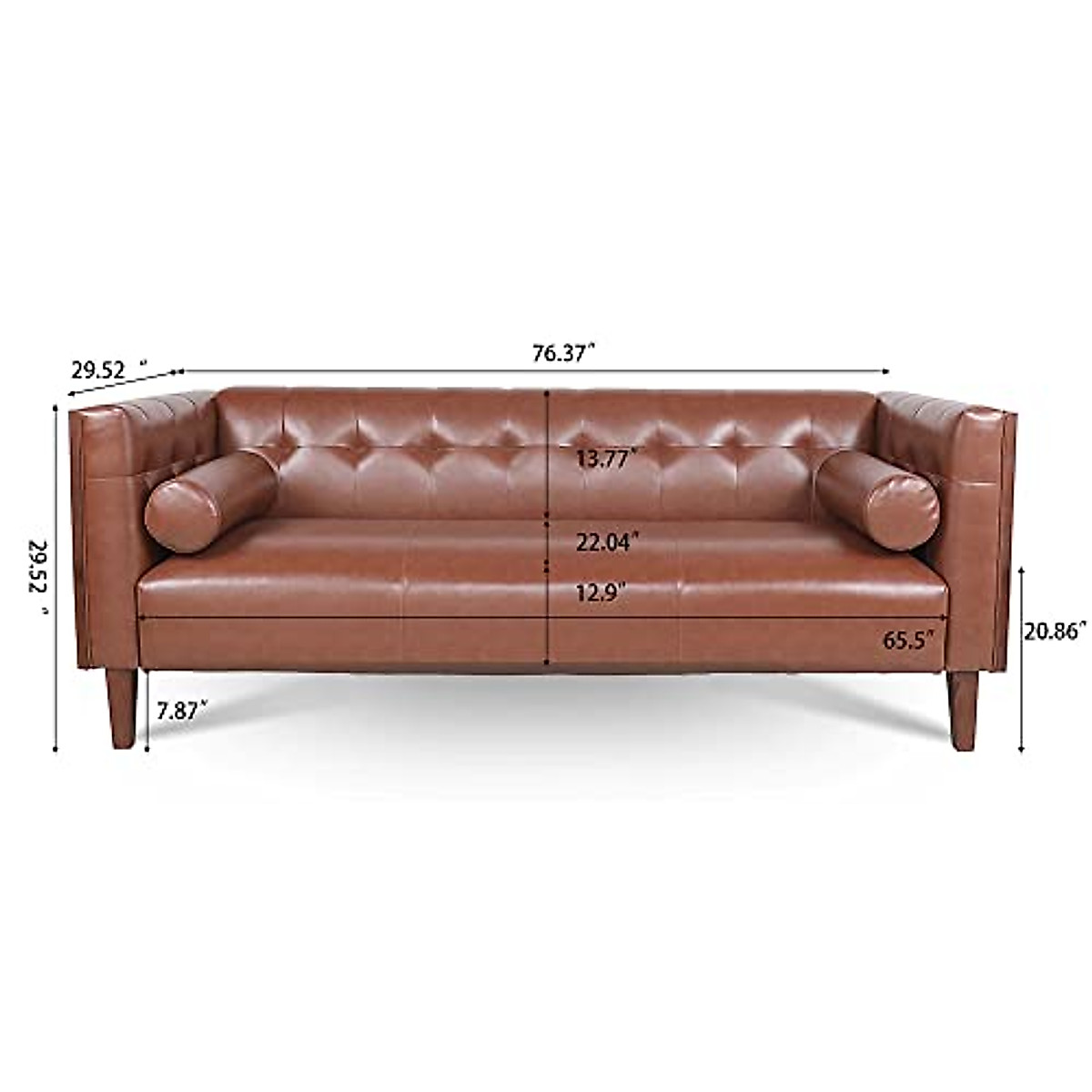 76'' Leather Chesterfield Sofa, Upholstered Tufted Modern Couch with 2 Pillows, Nailhead and Solid Wood Armrest Side Board, 3 Seater Sofa with Wooden Legs for Living Room, Bedroom, Office (Brown)