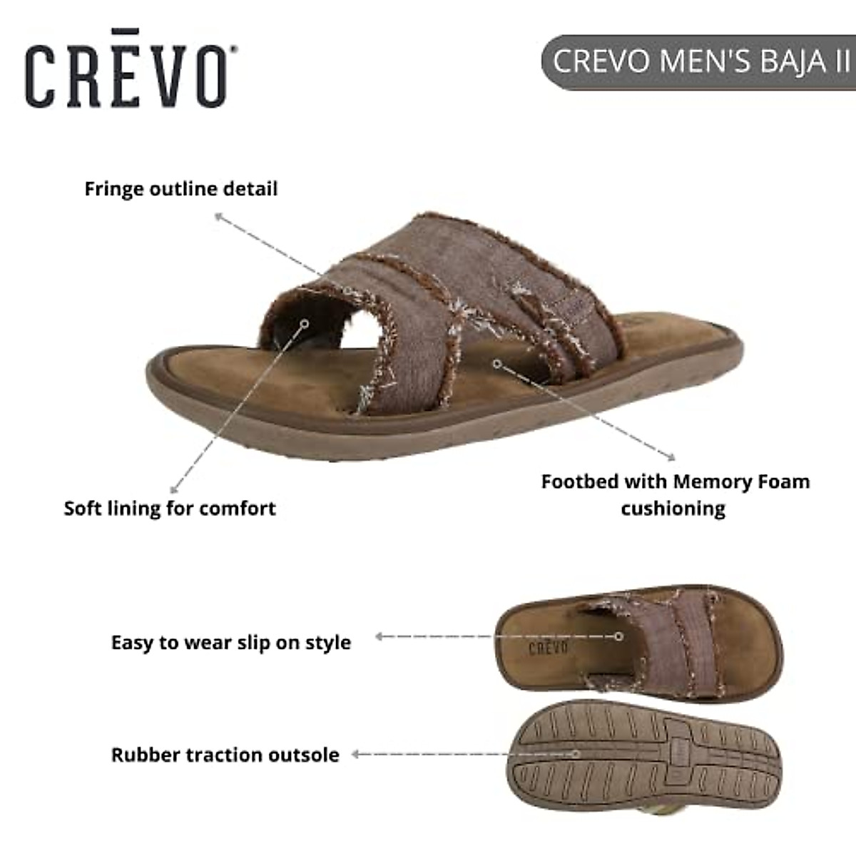 Crevo Baja II Men's Slide Sandals Memory Foam Frayed Hemp Design, Dark Brown, 9