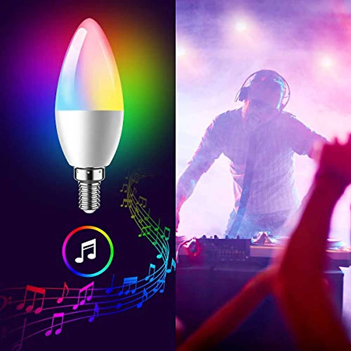 Smart Candelabra LED Bulb, E12 WiFi-Bluetooth Chandelier Light Bulb, Compatible with Alexa Google Home, Tunable White 2700K-6500K & RGB Candle Bulb, Music Sync 5W 400 Lumens
