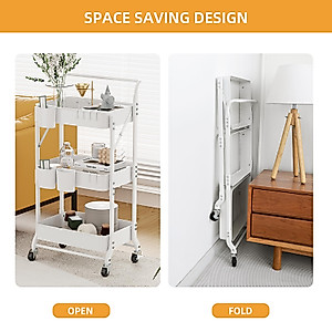 3-Tier Folding Rolling Utility Cart with Wheels, Foldable Storage Cart Organizer with 3 Hanging Cups & 6 Hooks for Kitchen, Office, Living Room, Nursery(White)
