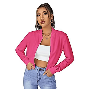 SweatyRocks Women's Casual Long Sleeve Solid Zip Up Coat Crop Bomber Jacket Solid Hot Pink M
